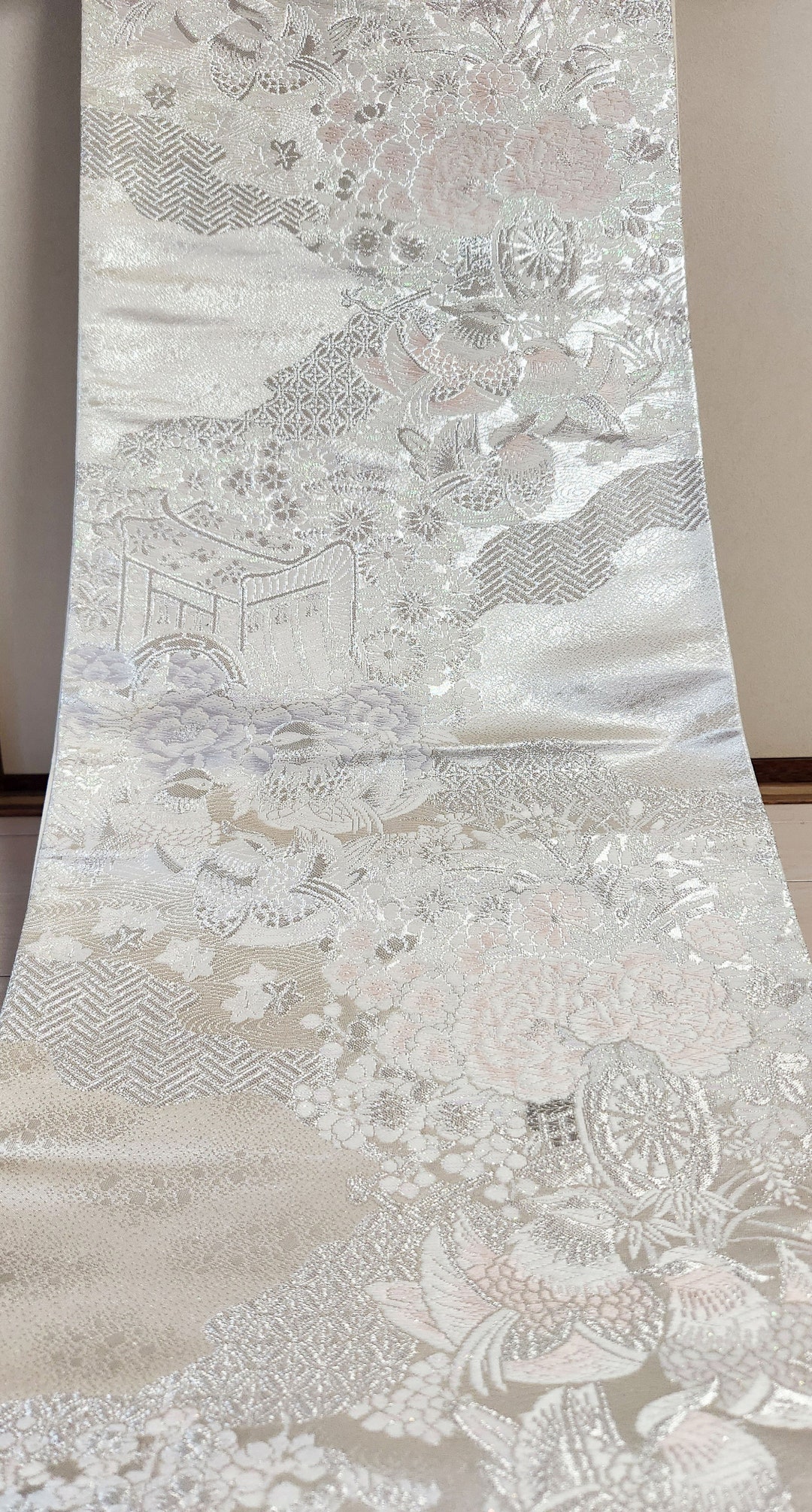 Shimmering Silver Obi Fukuro Flowers and Birds, Kimono Belt, Fukuro Obi ...