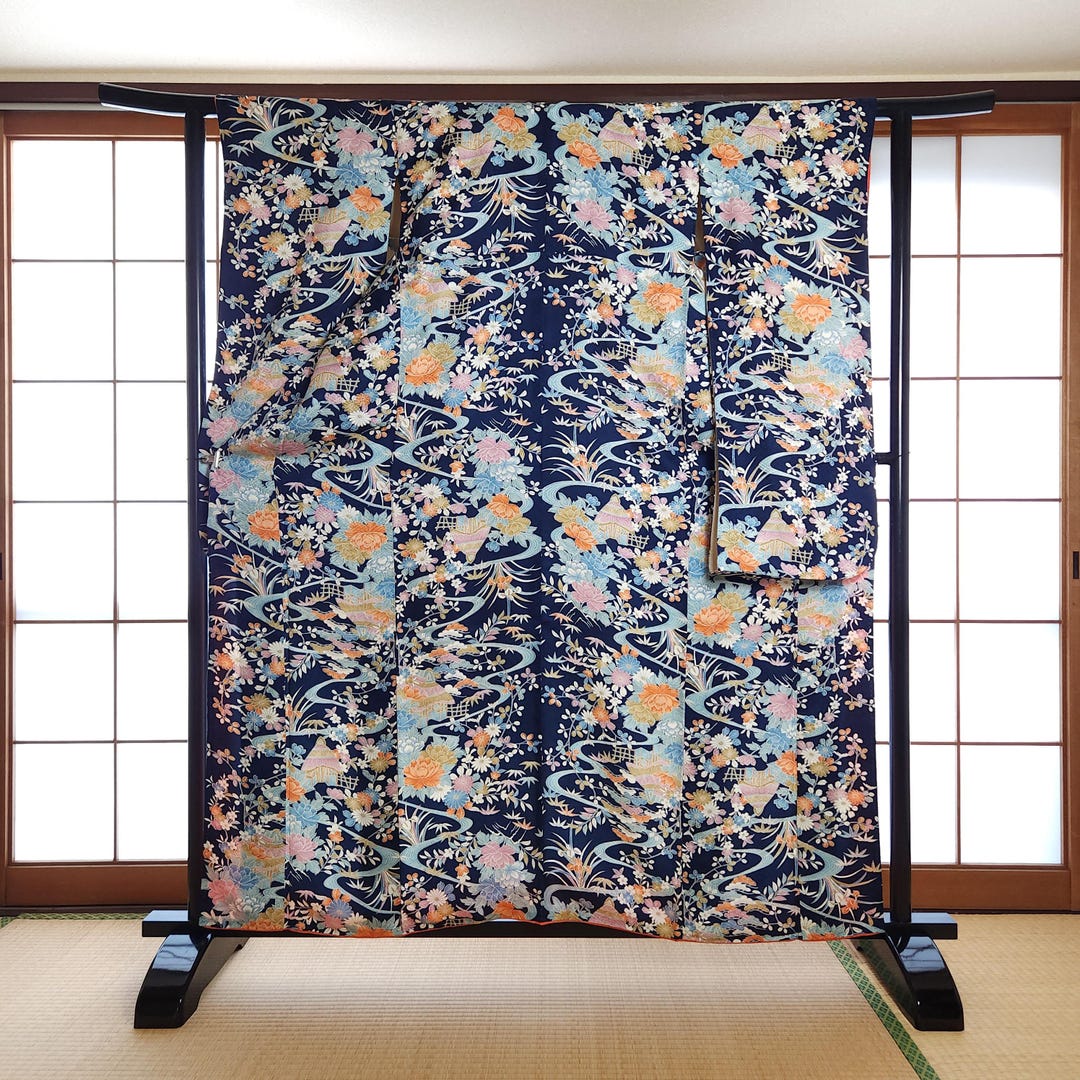 Navy Blue Chū-furisode Floral Patterns, Komon Furisode, Navy Blue ...