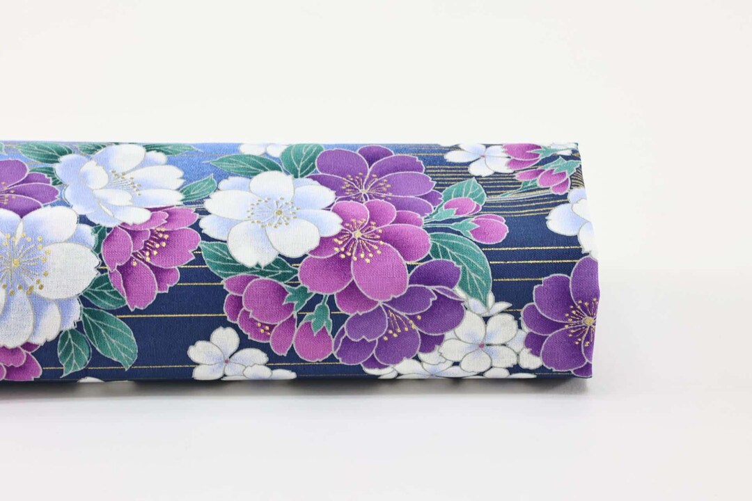 Japanese Fabric Golden Sakura Bouquets Blue Background - 50cm, Japanese ...