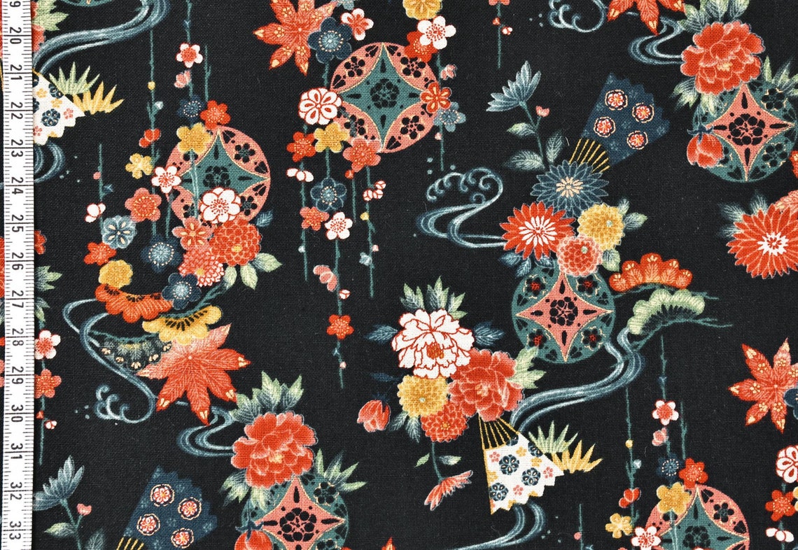 Japanese Fabric Flowers in Water Black Background -50cm- Japan Fabric ...