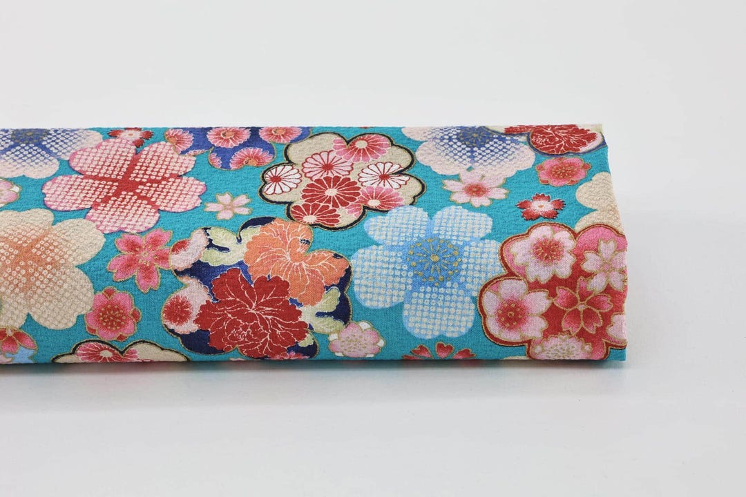 Japanese Crinkled Fabric Ume on Blue - 50cm, Japanese Fabric, Japanese ...