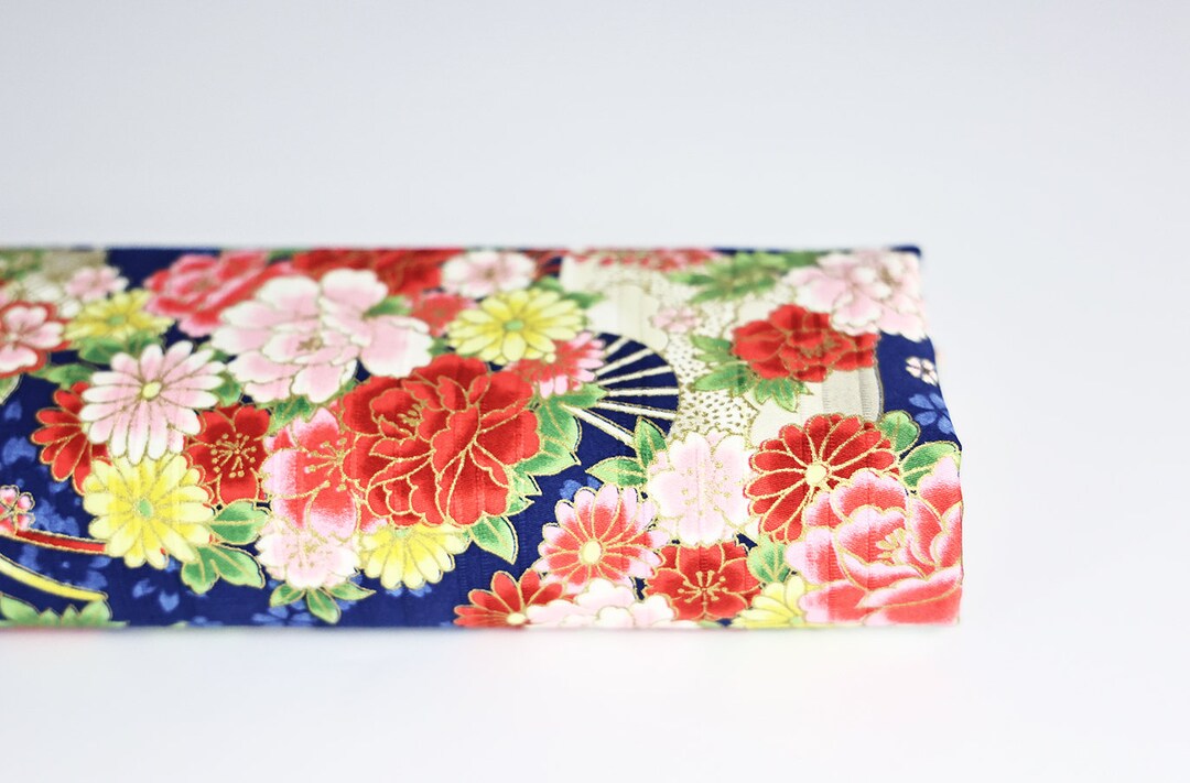 Japanese Fabric Ougi Flowered Blue Background - 50cm, Japanese Cotton ...