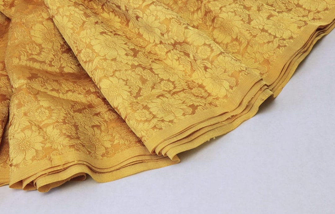 Mustard Yellow Brocade Fabric With Cosmos Flower - 50cm, Brocade ...