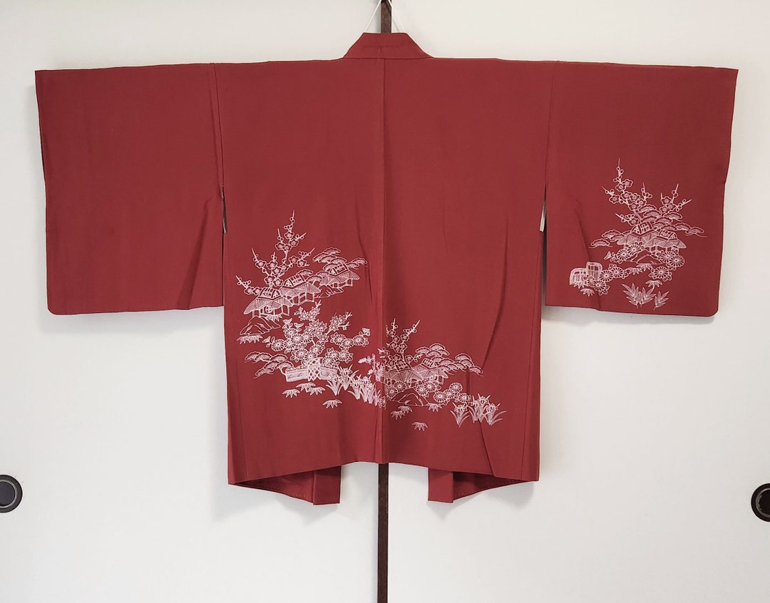 Red Crepe Haori With Landscape Patterns, Vintage Haori, Traditional ...