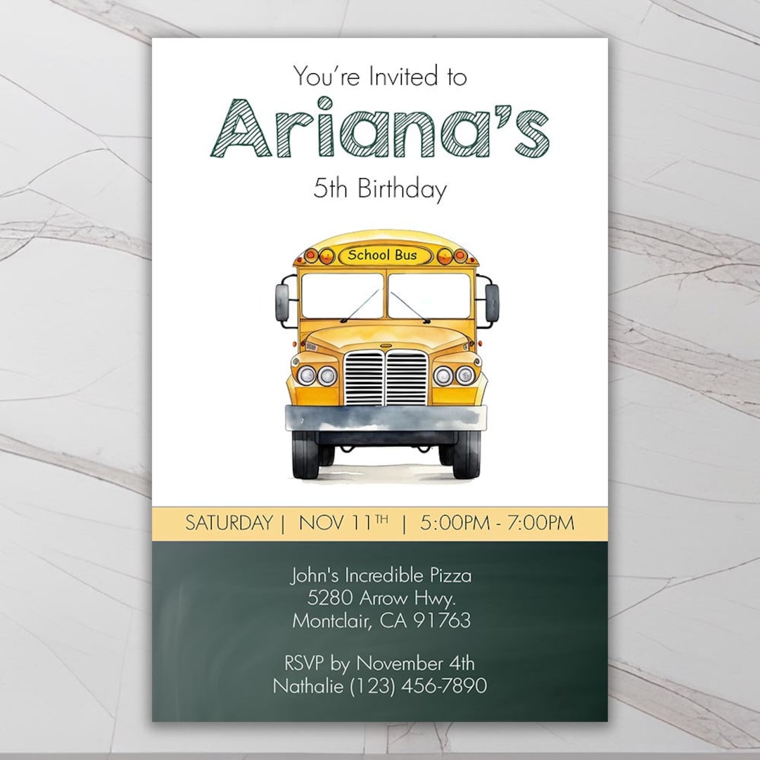 Wheels on the Bus Invitations School Chalkboard - Birthday Party Invite ...