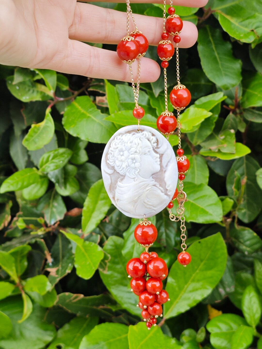 Sardonic Shell Cameo Necklace and Coral Paste Pearls, Gold Plated 925 ...