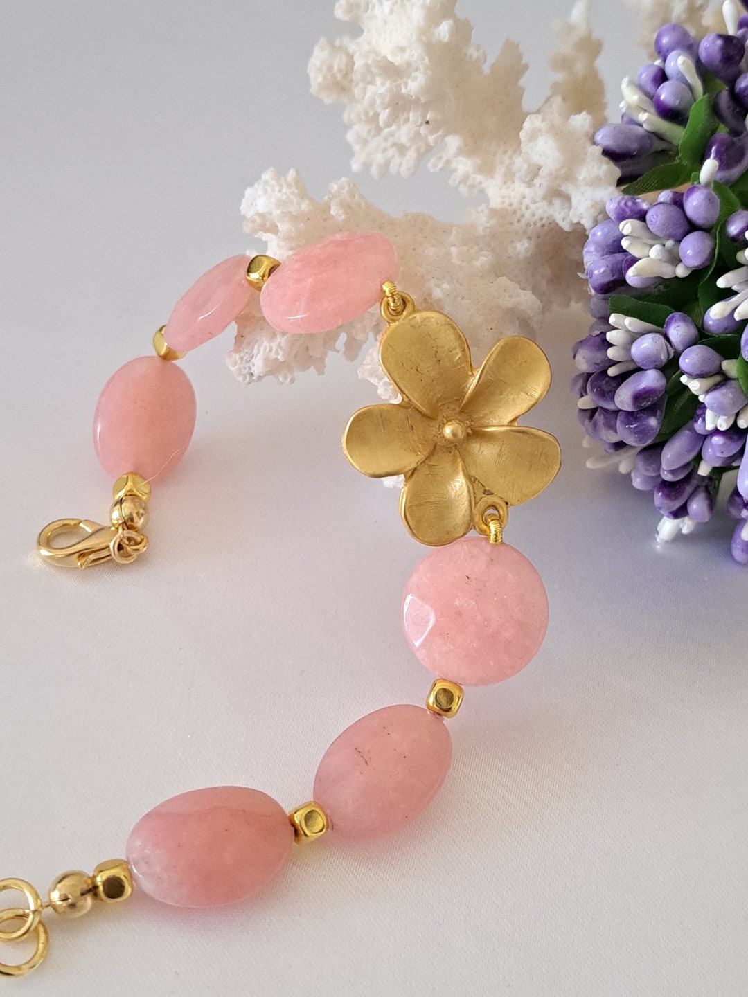 Pink Angelite Hard Stone Bracelet With Golden Brass Flower - Etsy