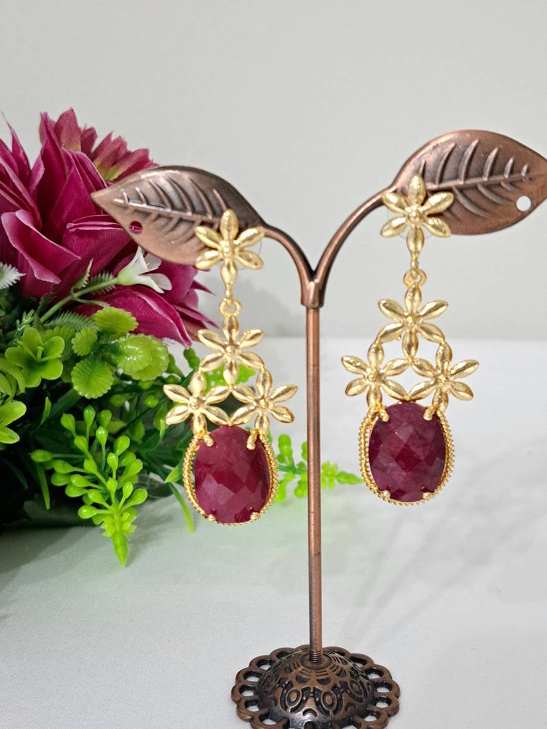 Art Deco Earrings With Ruby Root Hard Stones and Golden Brass Flowers ...