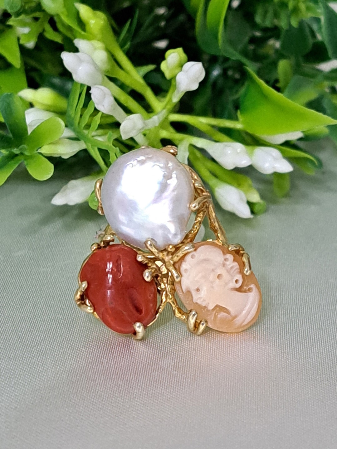 Sardonic Shell Cameo Ring, Red Coral and White Baroque Pearls, 925 ...