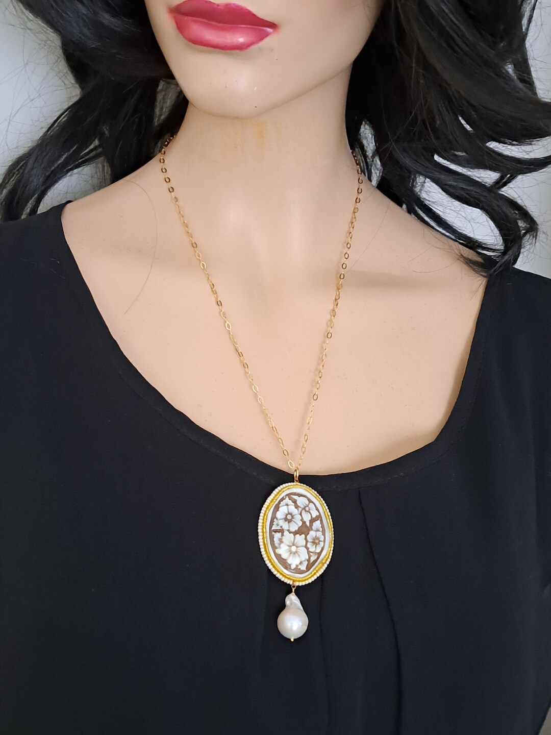 Sardonic Shell Cameo Necklace and White Baroque Pearls, 925 Silver ...