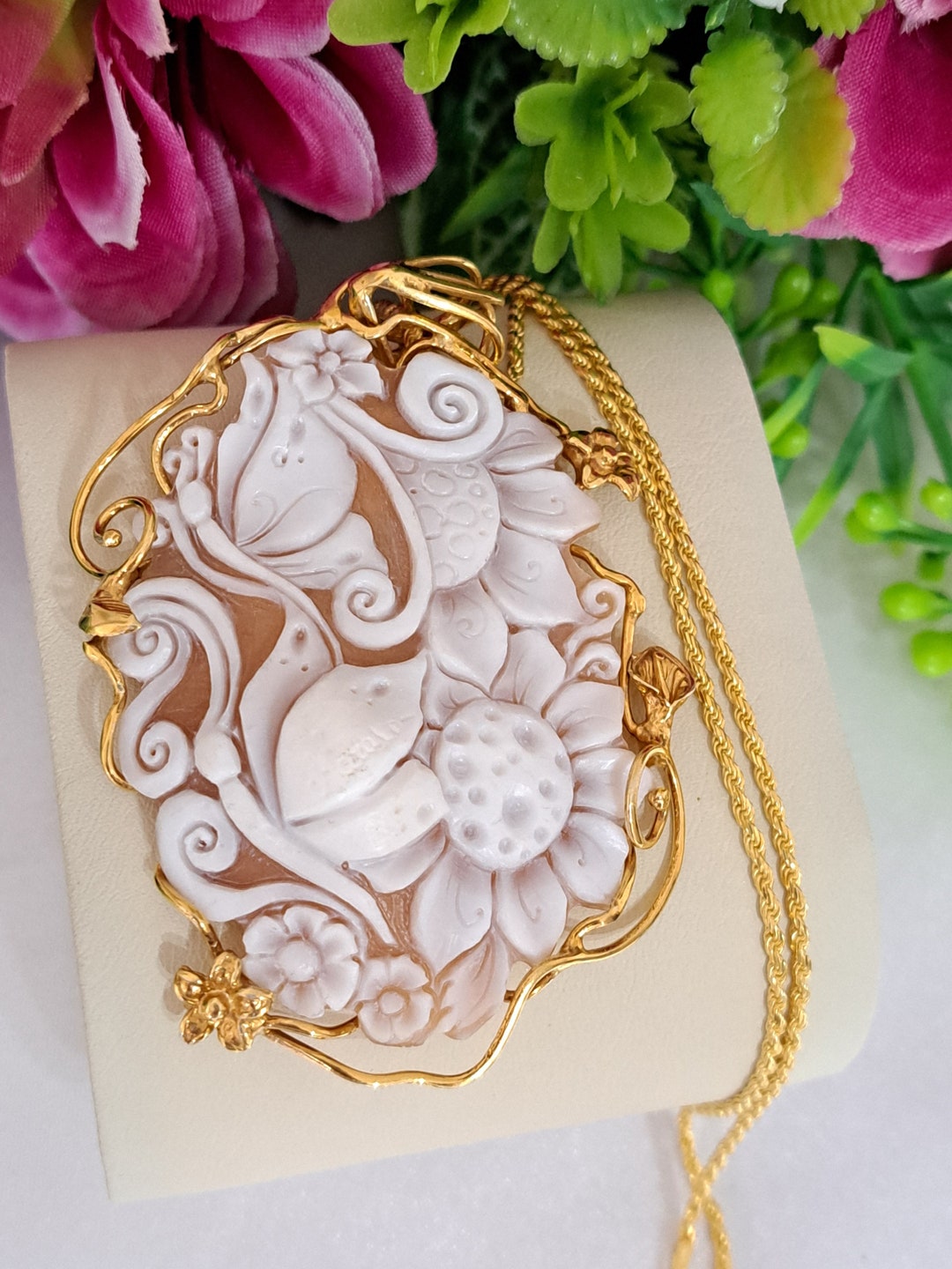 Sardonic Shell Cameo Necklace and Gold-plated 925 Silver, Italian ...