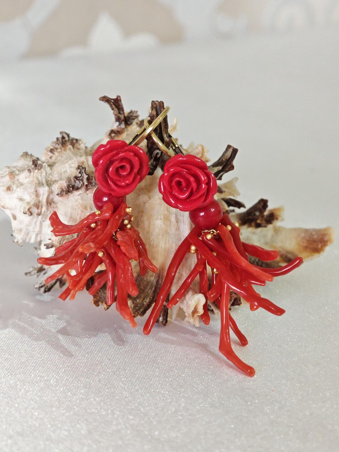 Mediterranean Red Coral Earrings, White Pearls With Red Roses, Italian ...