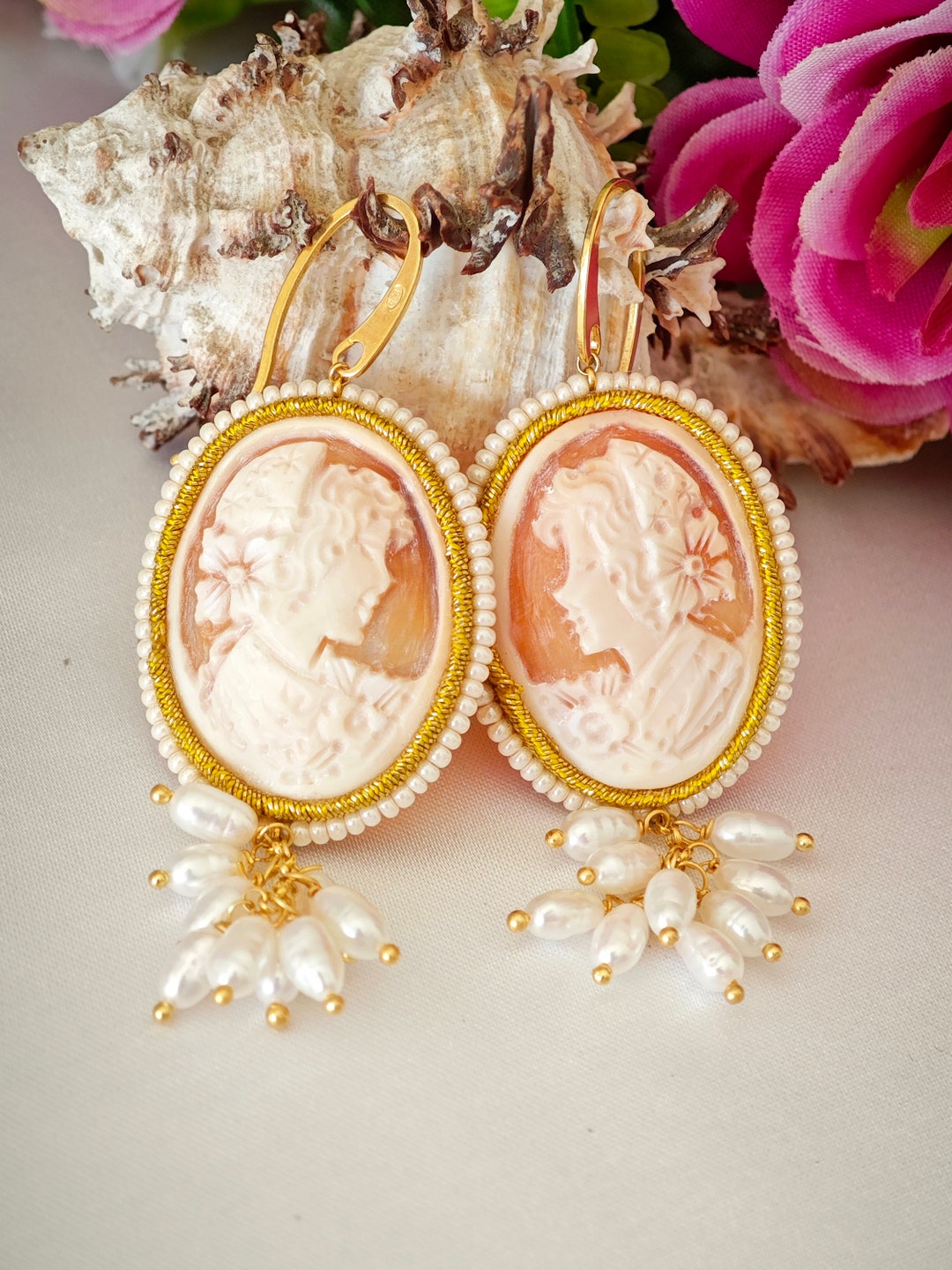 Sardonic Shell Cameo Earrings and White Pearl Cluster, 925 Silver ...