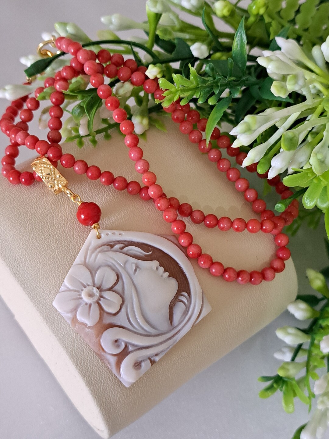 Sardonic Shell and Bamboo Red Coral Cameo Necklace, Italian Jewellery ...