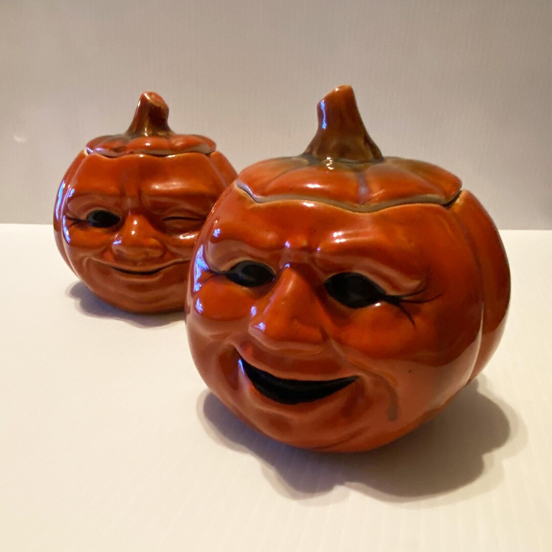 Ceramic Pumpkin Containers Set of 2 Pumpkins With Facial Expressions - Etsy