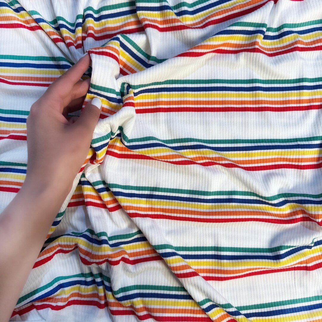 Rainbow Stripe Rib Knit Fabric by the Yard – Colorful Stretch Knit ...