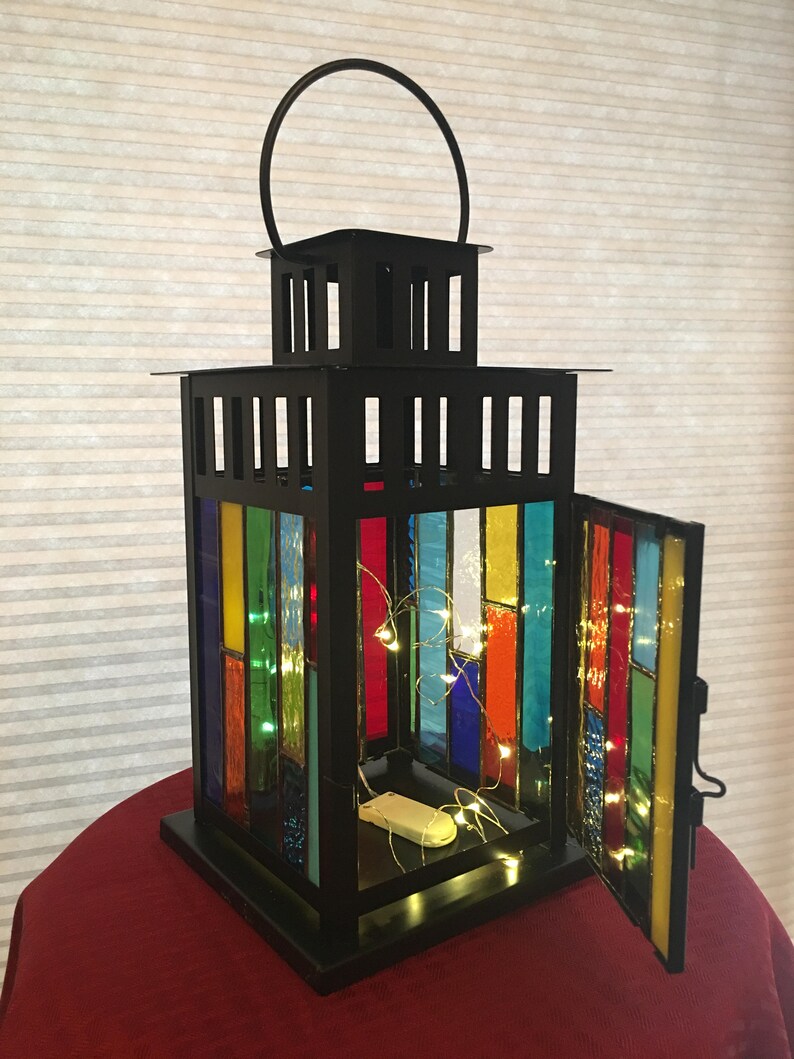 Multi color stained glass Lanterns with twinkling fairy lights | Etsy