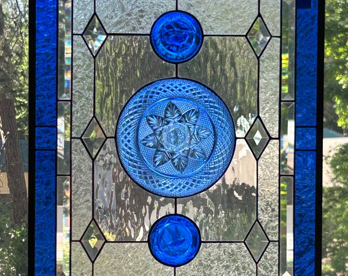 Stained Glass Transom Window Panel With Vintage Blue Plate and Bird ...