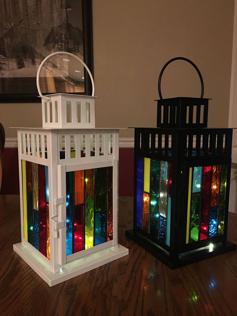 Multi color stained glass Lanterns with twinkling fairy lights | Etsy