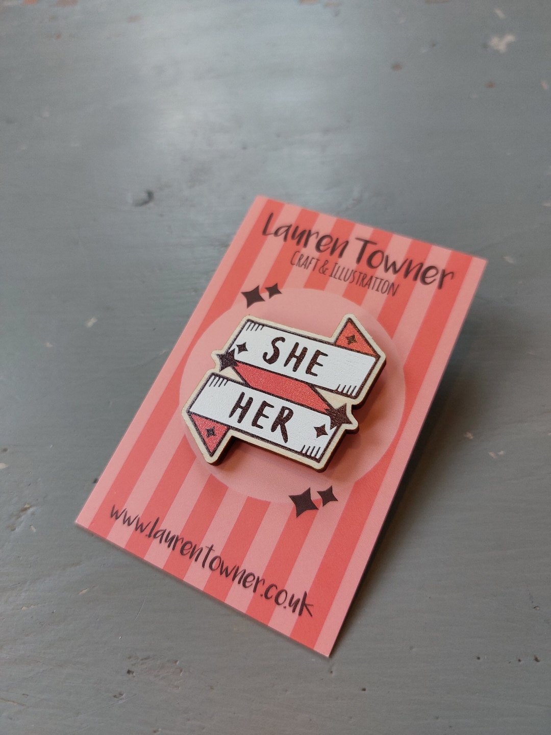 She / Her / Female / Feminine, Gender Pronoun, Wooden Pin Badge, enamel ...