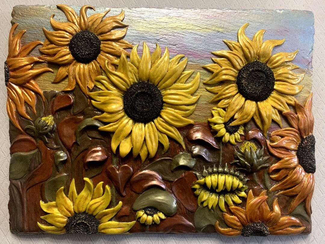 LARGE Cold Cast Bronze Brass & Colour Pigments SUNFLOWERS Wall Art ...
