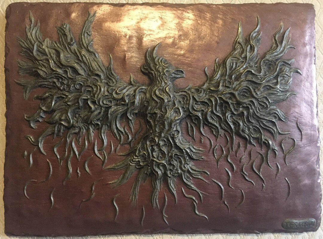 Cold Cast Brass & Copper Phoenix Sculpture Signed Wall Art Relief Hand ...