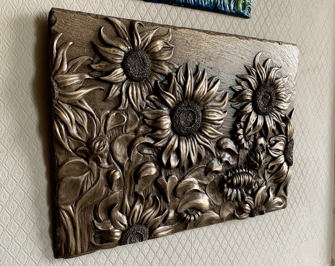 LARGE Cold Cast Bronze SUNFLOWERS Flower Wall Art Sculpture Relief ...