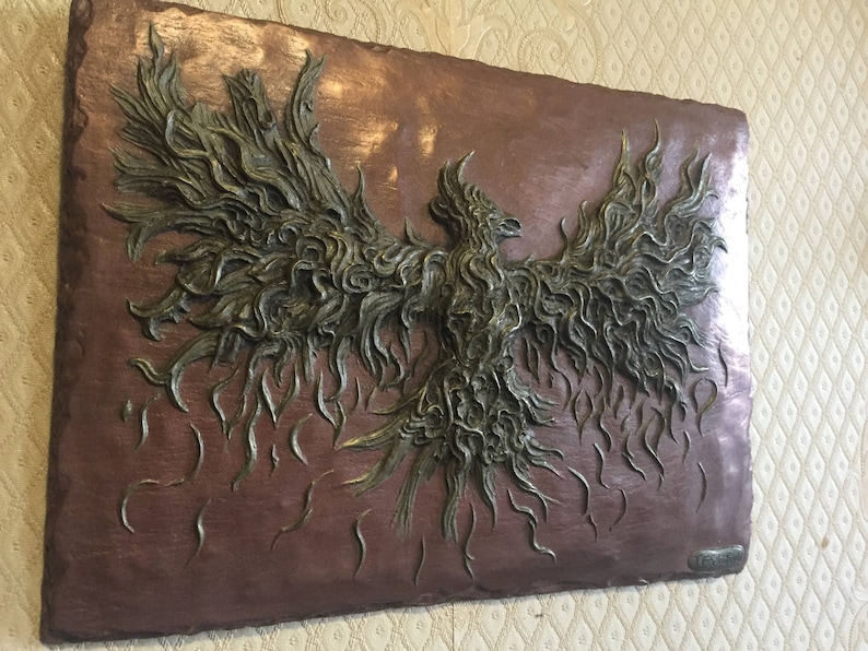 Cold Cast Brass & Copper Phoenix Sculpture Signed Wall Art Relief Hand ...