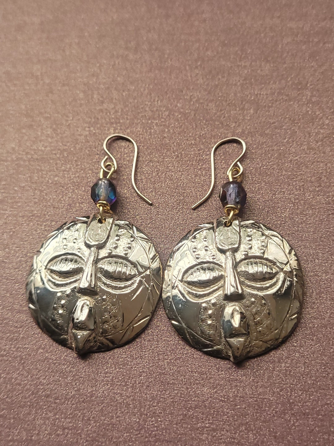 African Mask Handmade Golden Brass African Mask Earrings,tribal Mask ...