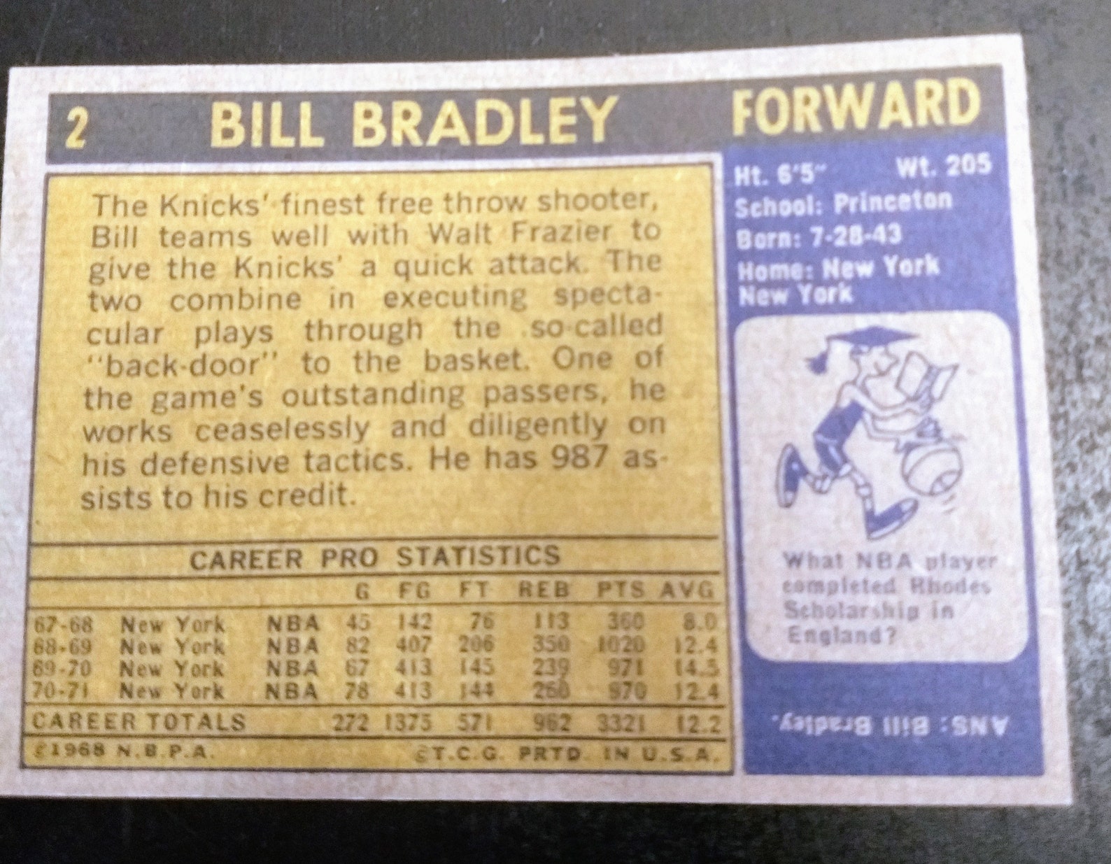 Bill Bradley Topps Basketball Card NY Knicks Authentic - Etsy