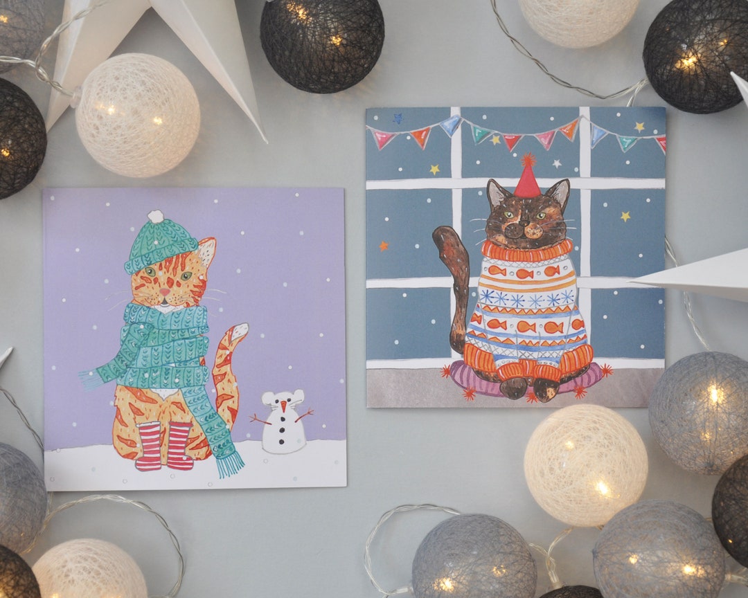 4 X Cat Christmas Cards - Set of 4 Cards - Festive Cat Cards - 2 Cat ...