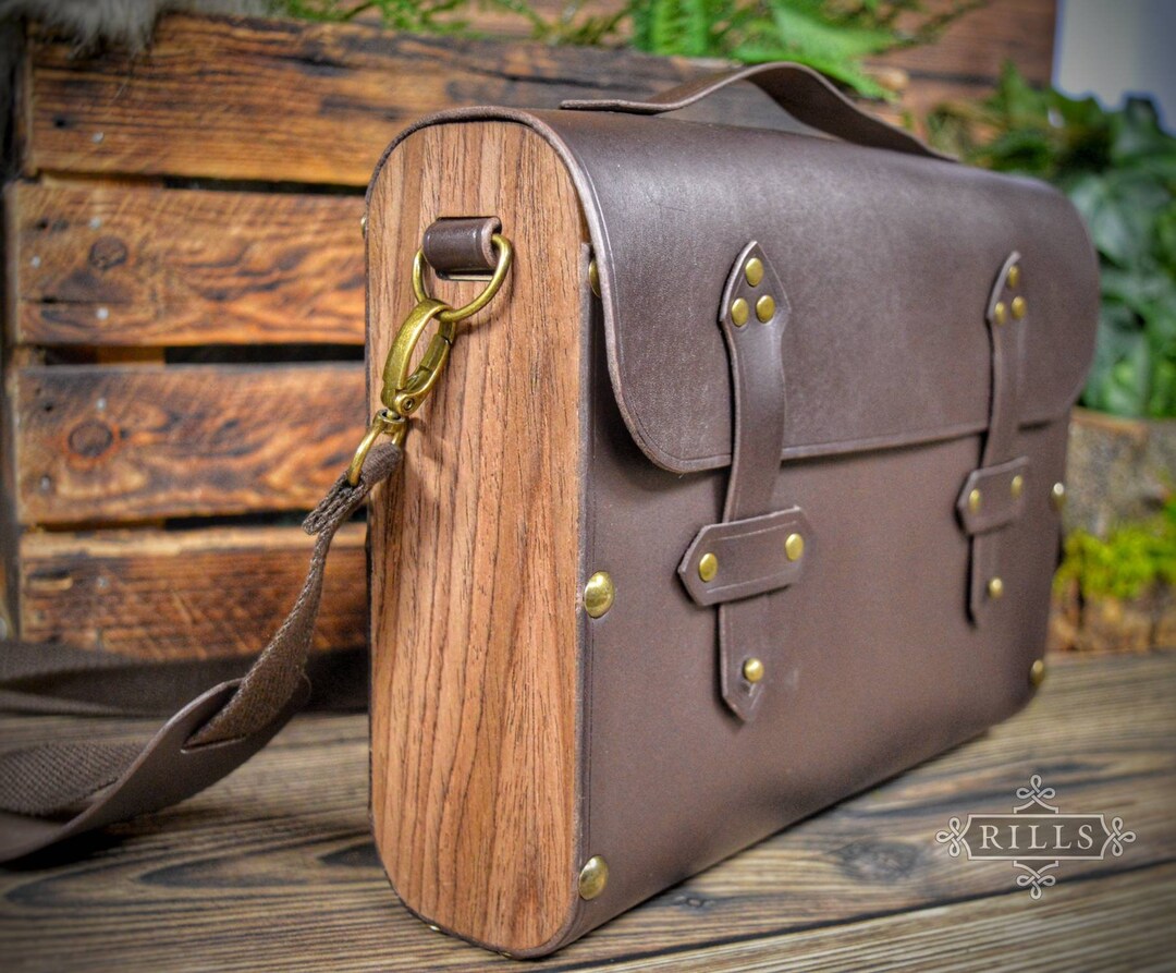 Stylish in Walnut Leather and Wood Satchel Bag - Etsy