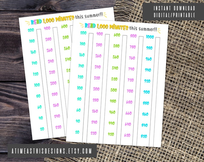 SUMMER READING CHART - Read 1000 Minutes This Summer - Etsy
