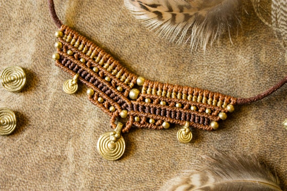 Macrame Necklace Earth Necklace Wild Women Jewelry for Women Gift Goa Macrame Jewelry for Her Brown Boho Necklace Leather Necklace