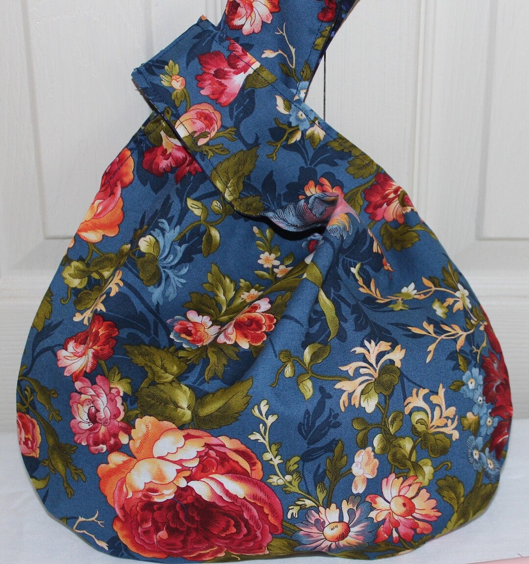 Japanese Knot Bag Maroon and Blue Flowers on Blue Background - Etsy