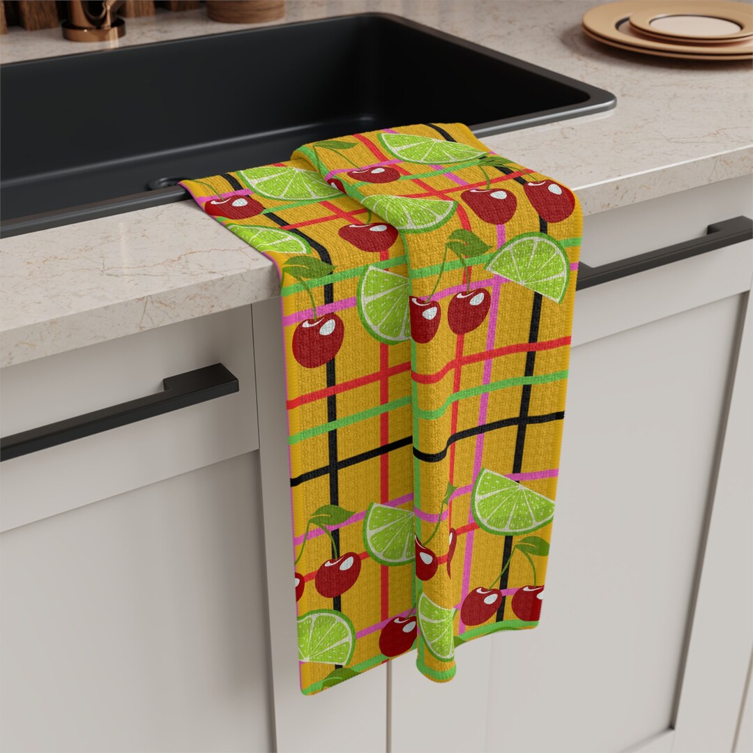 Fruit Tea Towel Cherry Tea Towel Lemon Tea Towel Red/green Kitchen Tea Towels Shabby Chic ...