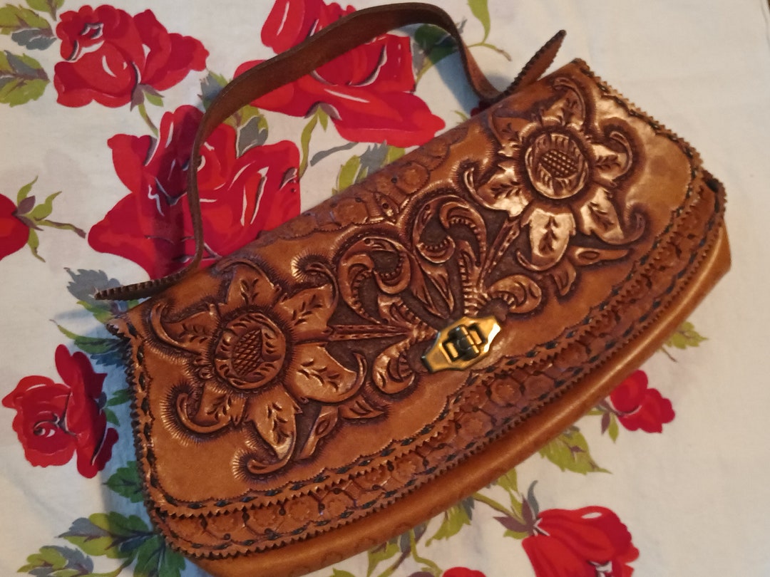 60s Vintage Western Handbag Tan Leather Handbags Floral Bags Brown Top ...
