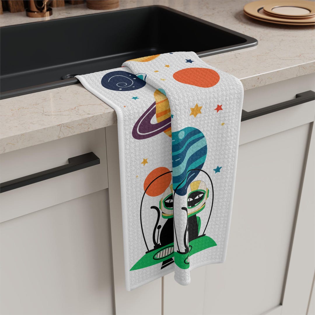 Alien Spaceship Mid Mod Black CAT Planets Microfiber Tea Towel | Space ...