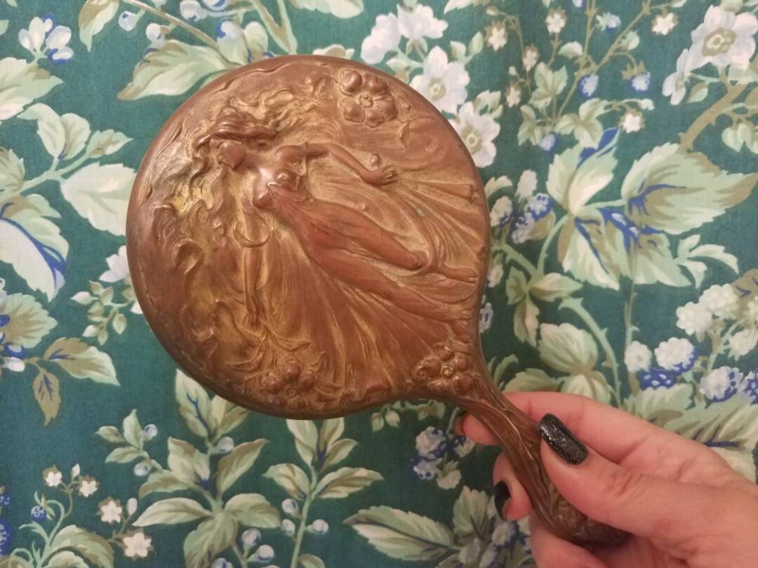 Victorian Antique Collectable Bronze Art Nouveau Hand Mirror Repoussee ...