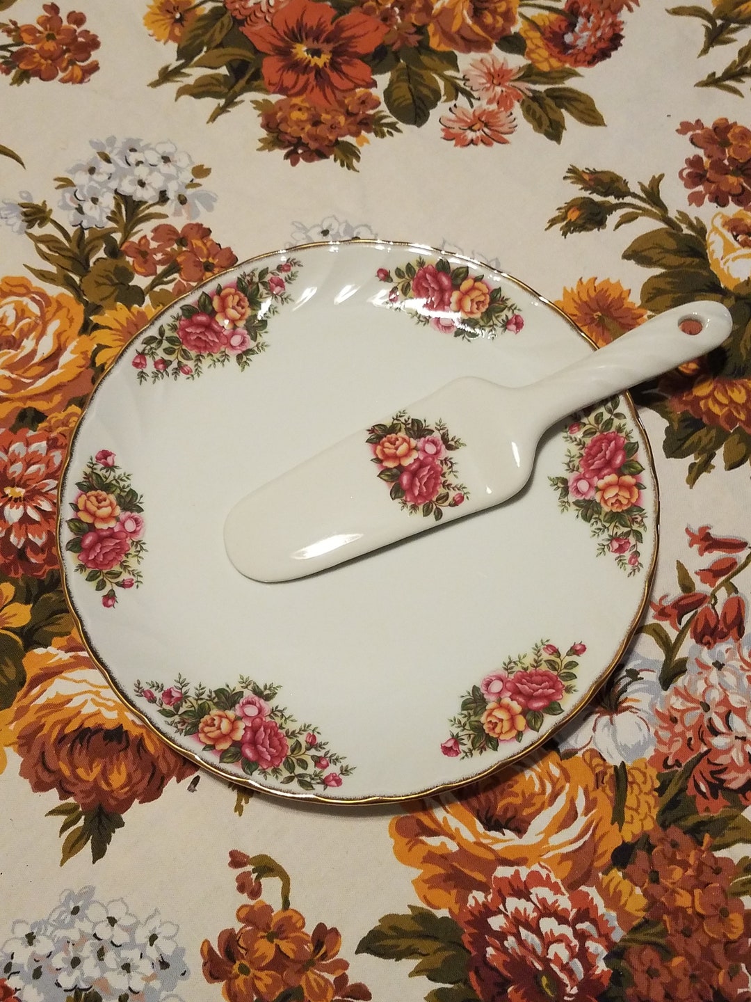 Fine China Rose Cake/pie Plate and Knife Server Set-birthday/garden Tea ...