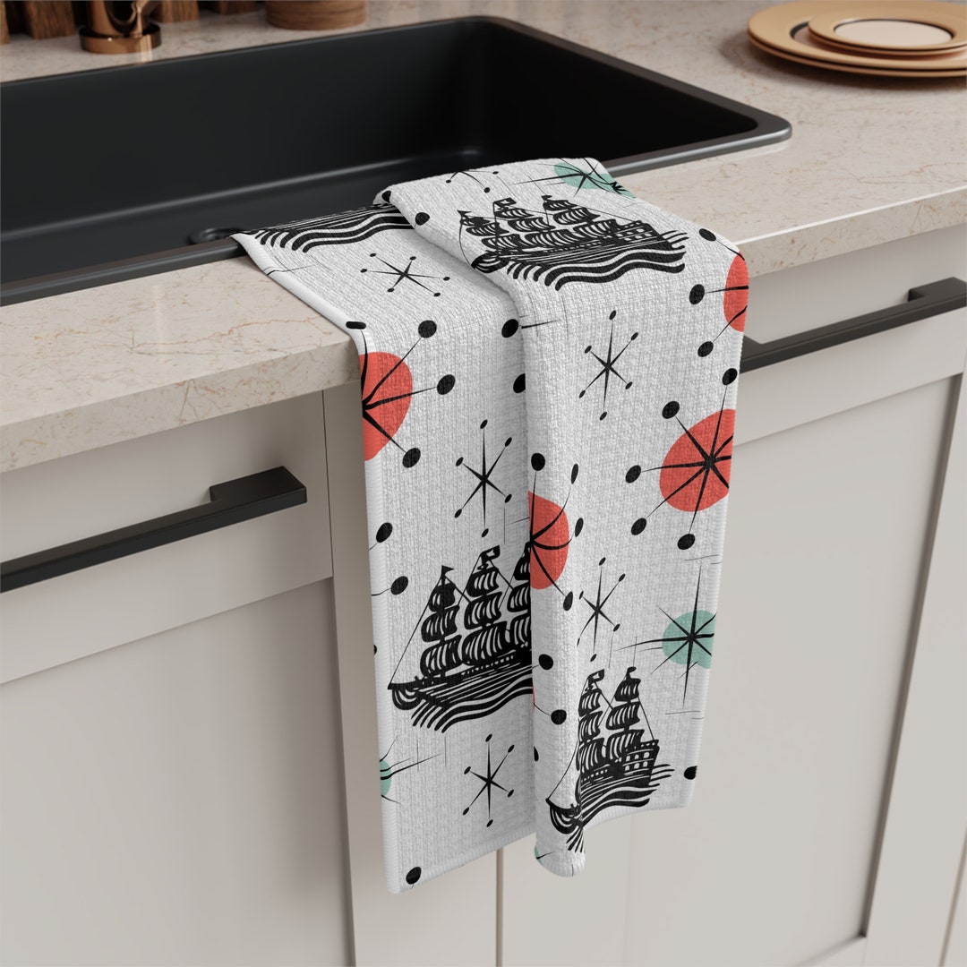 Mid Mod Kitchen Atomic Ship Starburst Tea Towels Retro Kitchen Towels ...