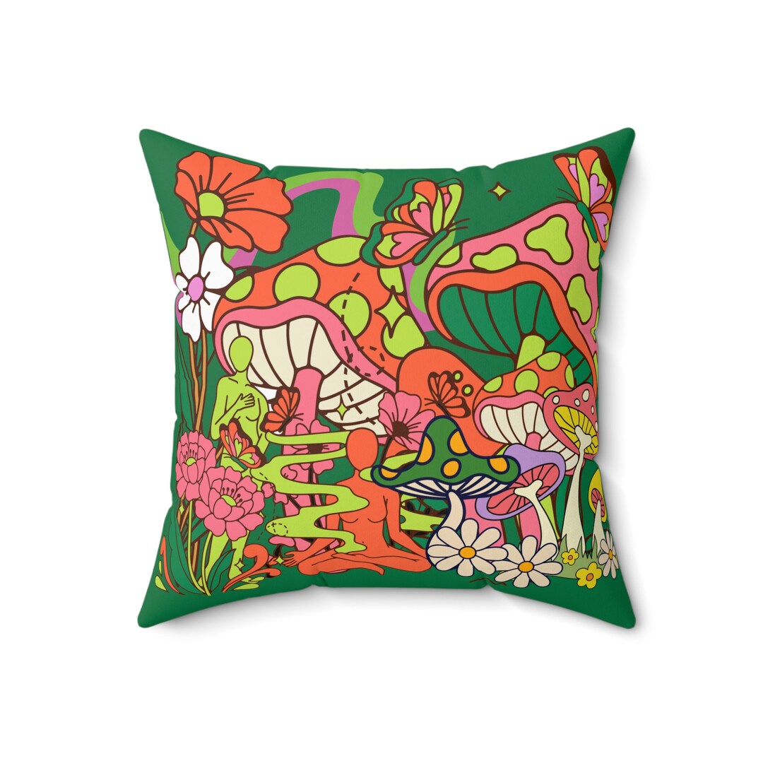 Groovy Magical Mushroom Square Throw Pillow Green/yellow/pink Flower ...