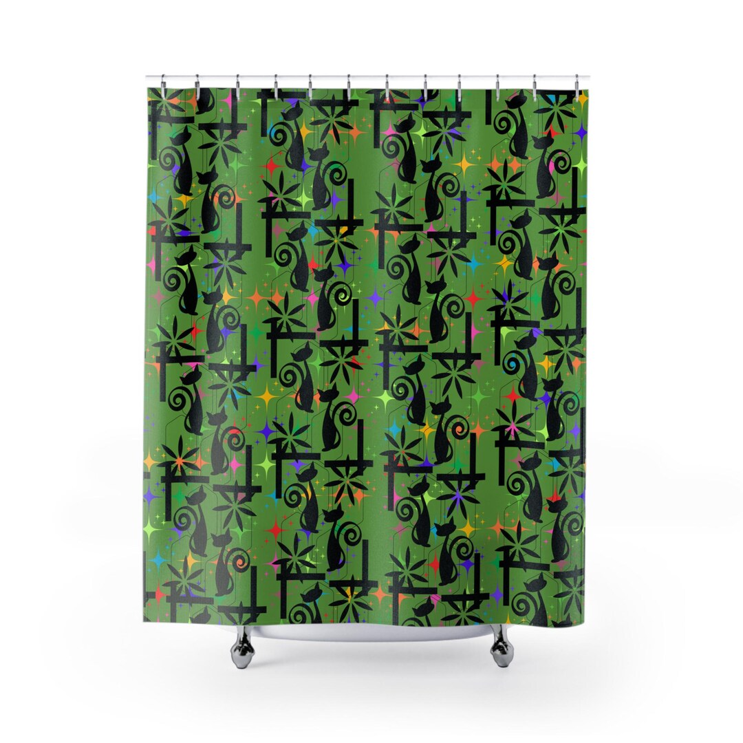 Kitty Cat Shower Curtains, Retro Atomic Age Bathroom Decor, Green ...
