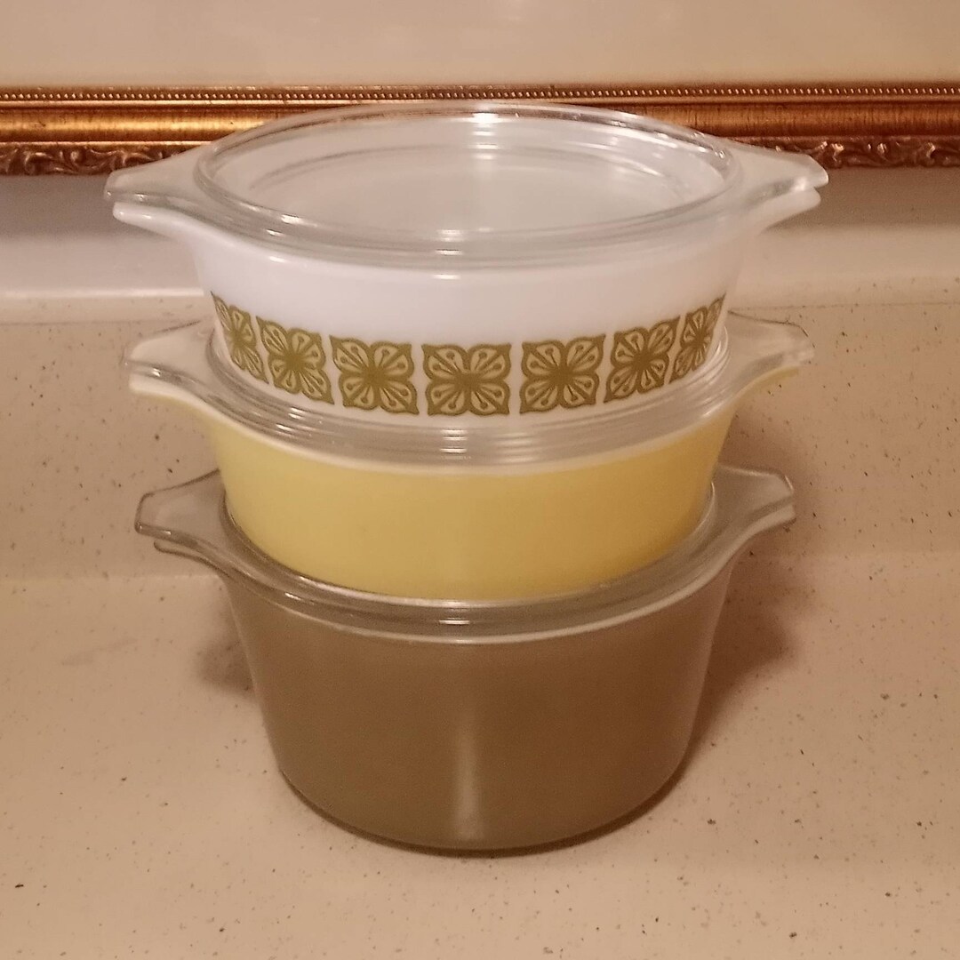 3 Piece Yellow/green Pyrex Verde/square Flowers Pyrex Casserole Dishes ...
