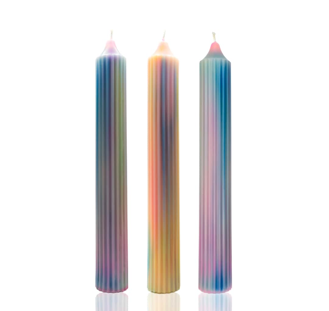 Tall RIDGED Multi-coloured PASTEL Candle, Ribbed Ombre Effect, Vegan ...