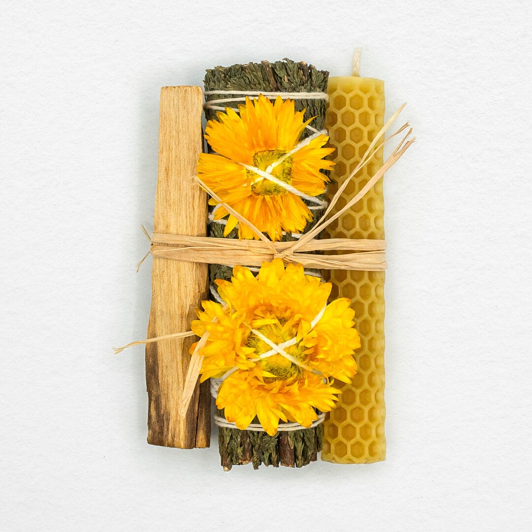 Cedar Smudge Stick + Palo Santo + Honeycomb Beeswax Candle + Dried Wild ...