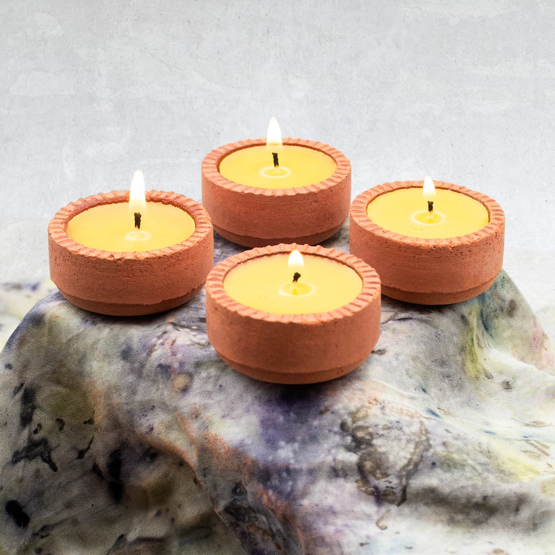 Set of 4 - Clay Pot DIYA BEESWAX Candles, Diwali Tealight Set, Matka ...