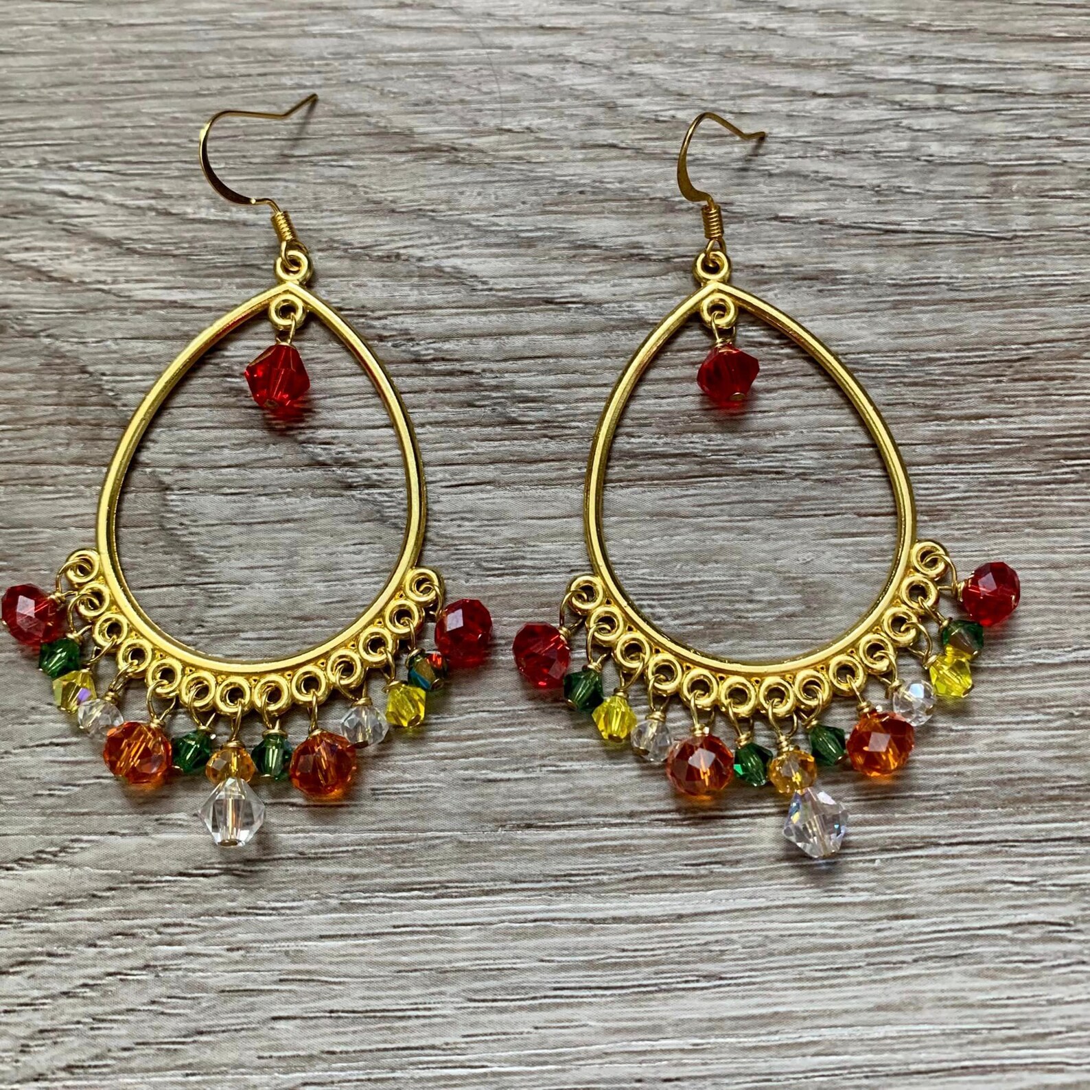 Red Orange Yellow Green Earring, Bohemain Swarovski Crystals, Dangle ...