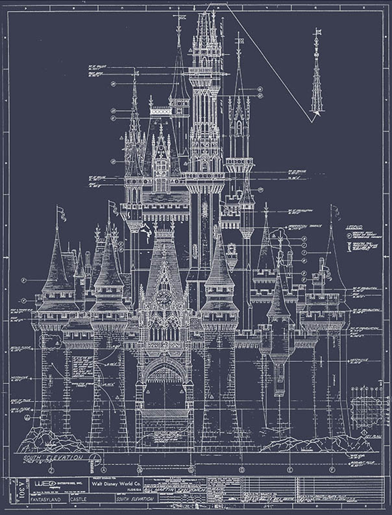 Walt Disney World - Cinderella Castle Colored Blueprint - Etsy