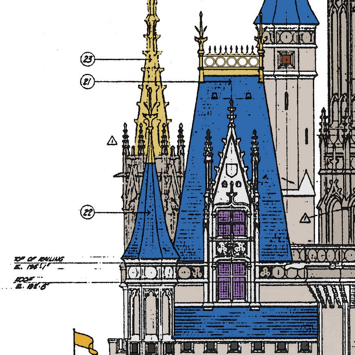 Walt Disney World - Cinderella Castle Colored Blueprint - Etsy